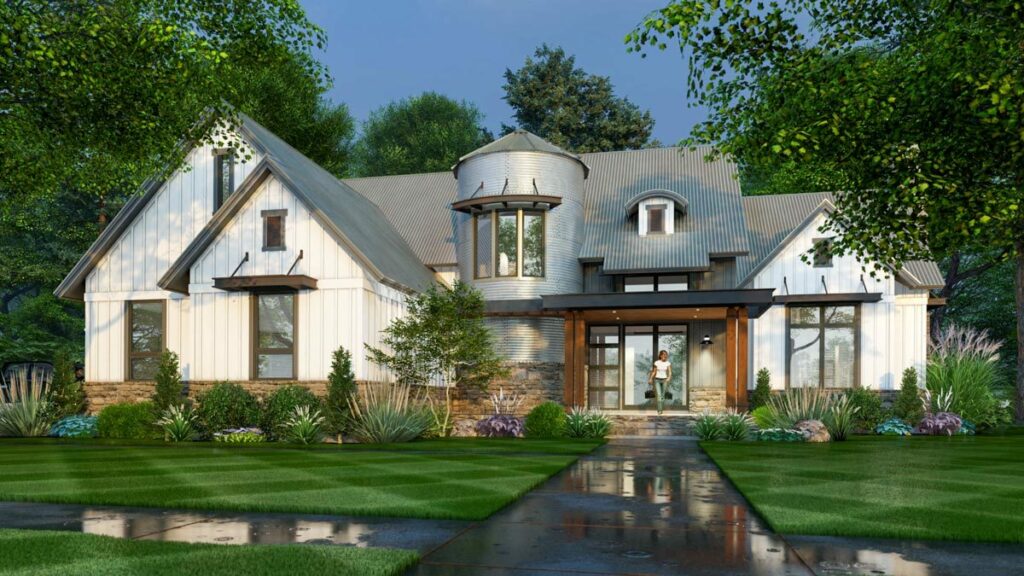 Dual-Story 4-Bedroom New American Style Farmhouse with Industrial Metal ...