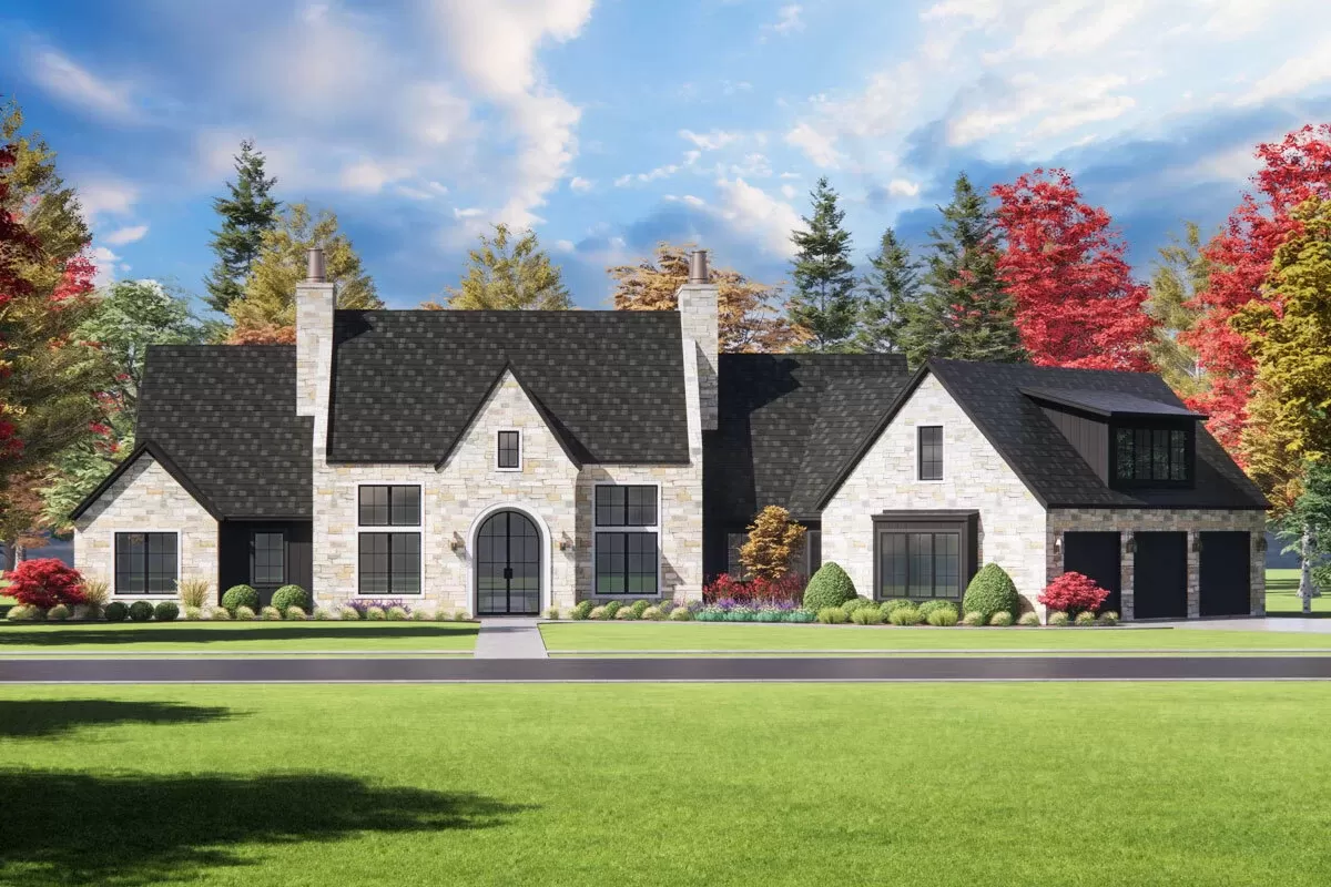 4-Bedroom Single-Story Transitional House with Angled Garage (Floor Plan) - OneHappyLemon