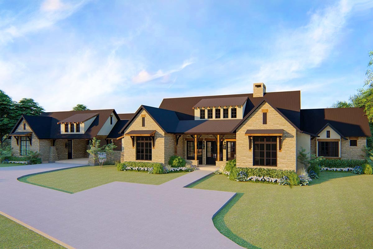4-Bedroom 1-Story Hill Country Farmhouse With 4-Car Courtyard Garage ...