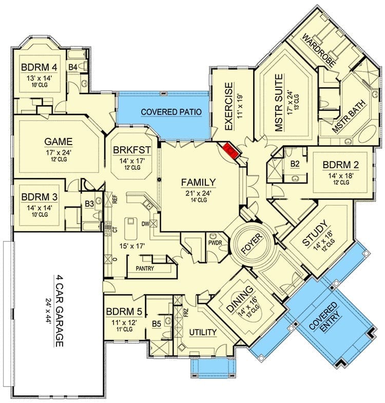 5-Bedroom 1-Story European House with Exercise and Game Rooms (Floor ...